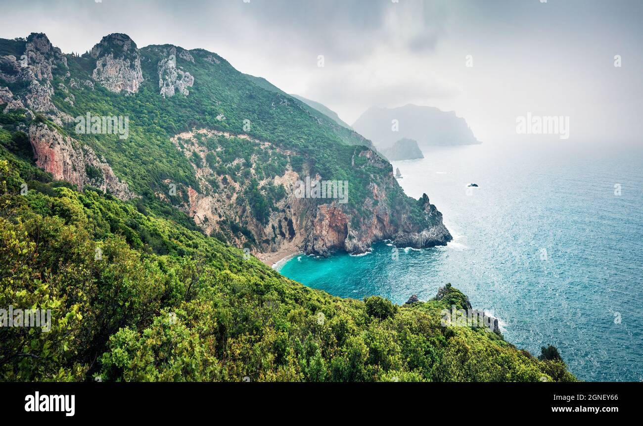 Aerial spring view of Gyali beach. Misty morning seascape of Ionian Sea ...