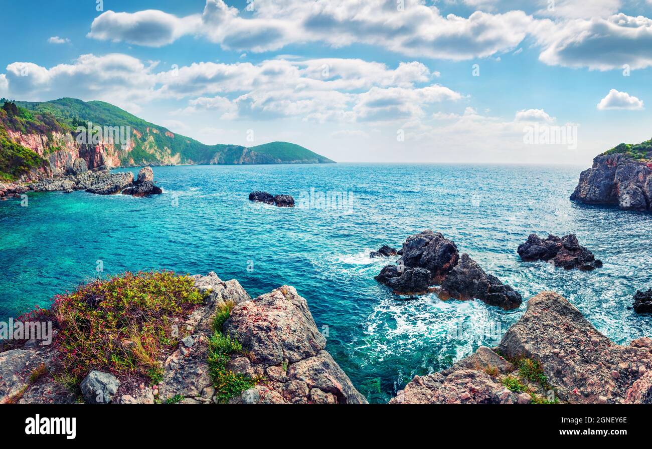 Scenic spring view of Limni Beach Glyko. Fabulous morning seascape of ...