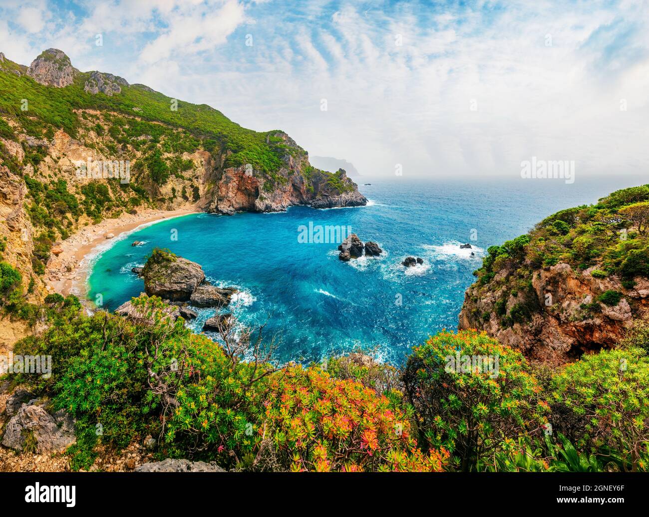 Aerial spring view of Gyali beach. Misty morning seascape of Ionian Sea ...