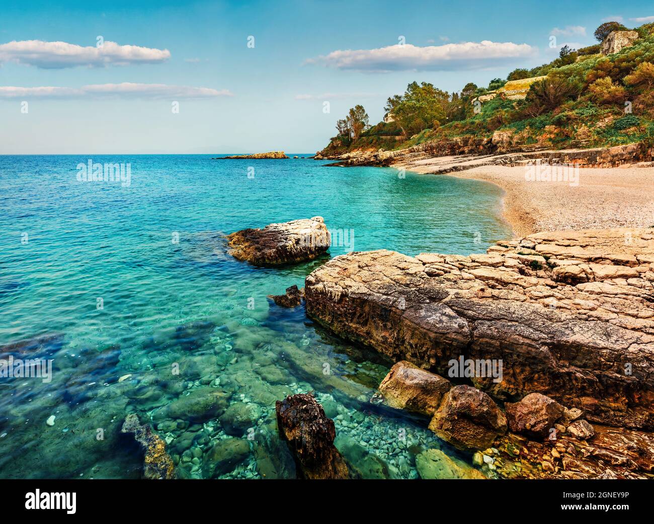 Picturesque spring view of Kanoni Beach. Marvelous evening seascape of ...