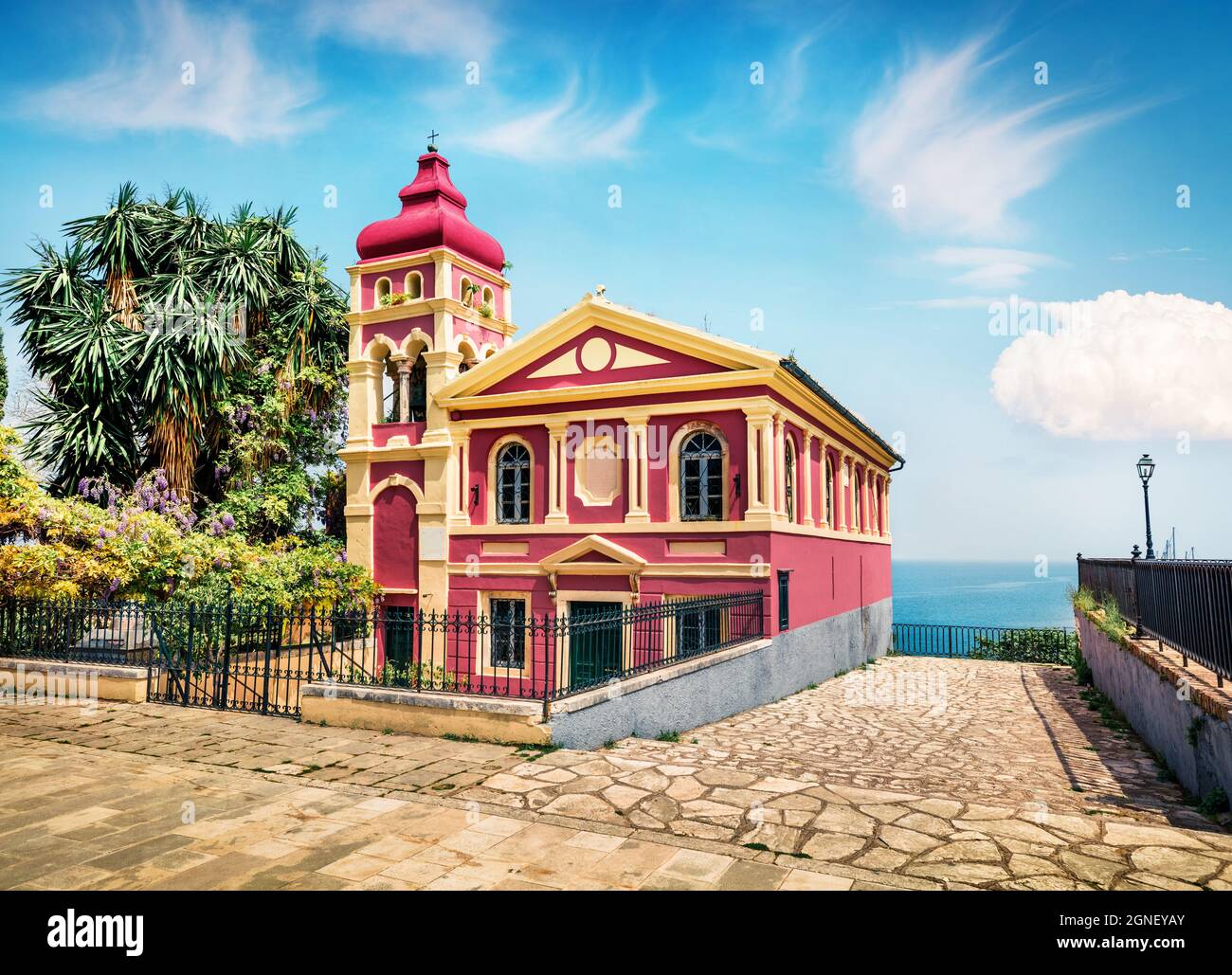 Beautiful spring view of Mandrakinas Church. Sunny morning cityscape of ...