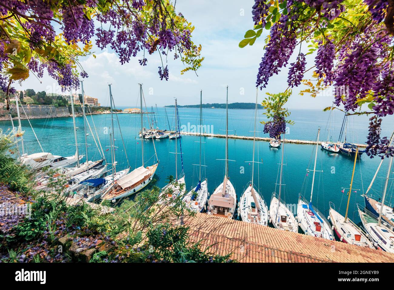 Nice view of the capital of Corfu island. Colorful spring cityscape of ...