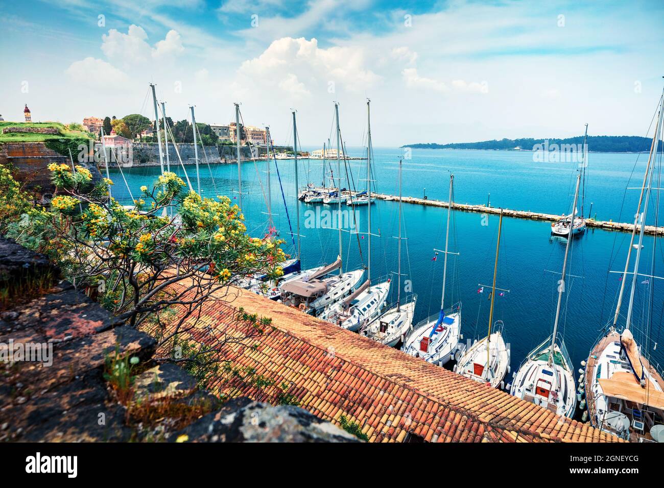 Great view of the capital of Corfu island. Colorful spring cityscape of ...