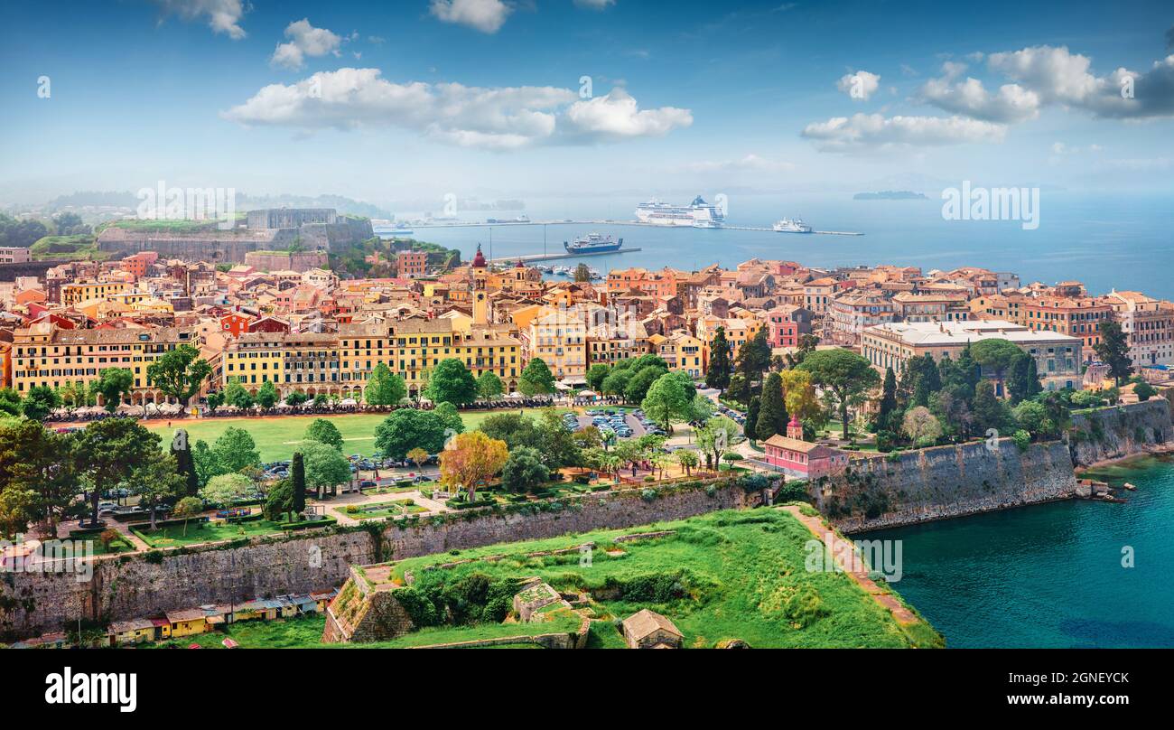 Aerial view of the capital of Corfu island. Panoramic spring cityscape ...