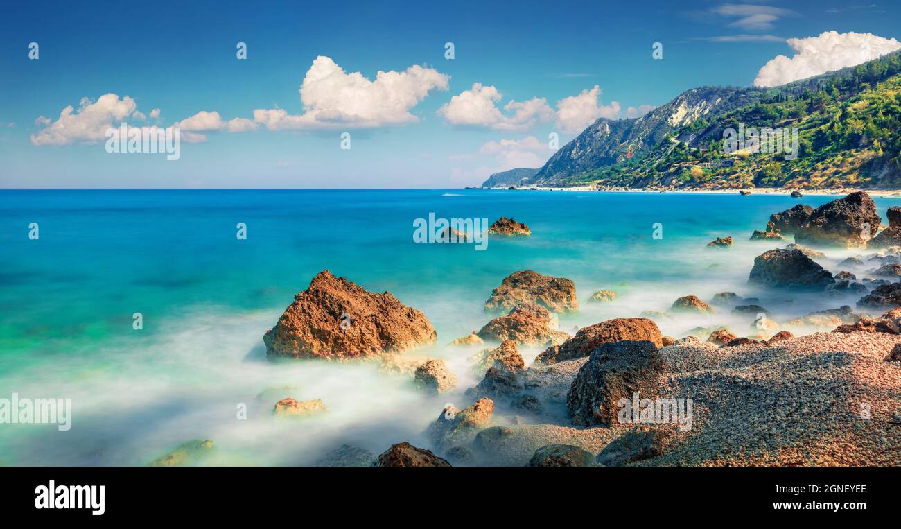 Panoramic spring view of Avali Beach. Fantastic morning seascape of ...