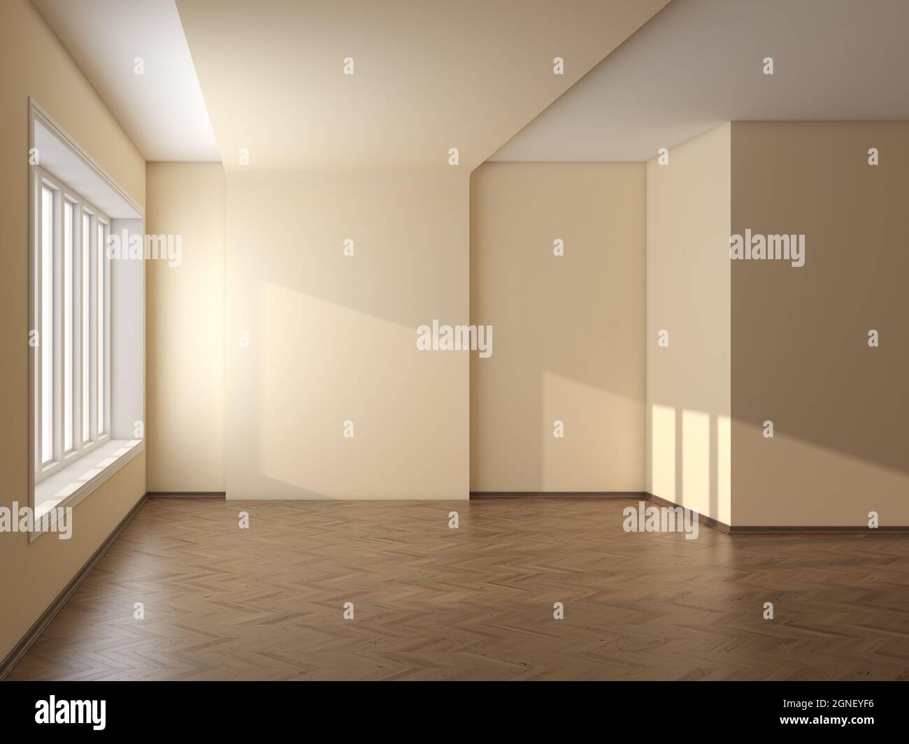 Empty Room with Beige Walls, Large Window, Parquet Floor and a Brown ...