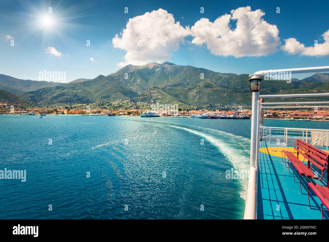 Treveling by ferry from Lefkada island to Kefalonia. Sunny morning ...