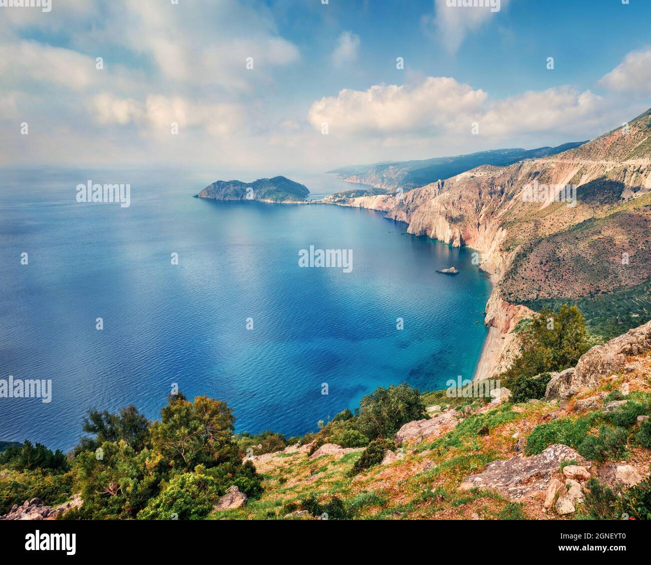 Aerial spring view of Asos peninsula and town. Romantic morning ...