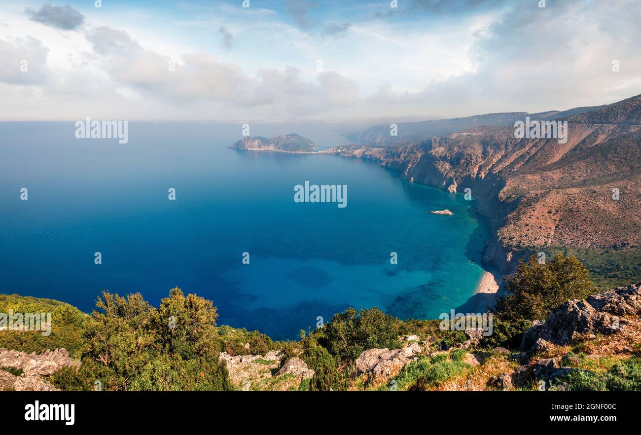 Aerial spring view of Asos peninsula and town. Breathtaking morning ...