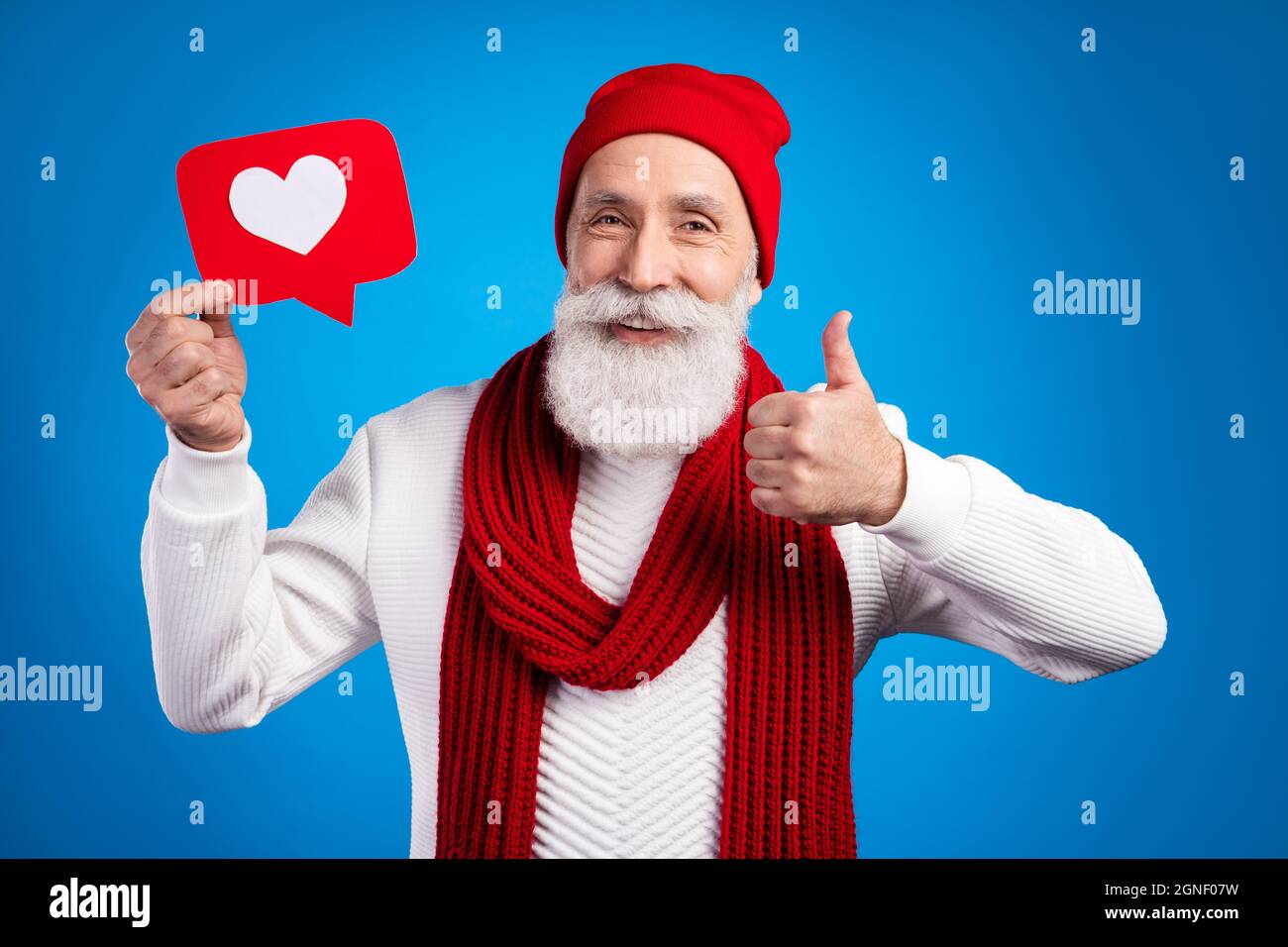 Portrait of satisfied person hold paper like card show thumb up toothy ...