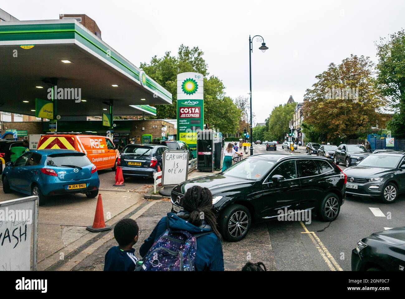 Large queues of car traffic outside BP petrol station Hampstead, London, during the October 2021 ...