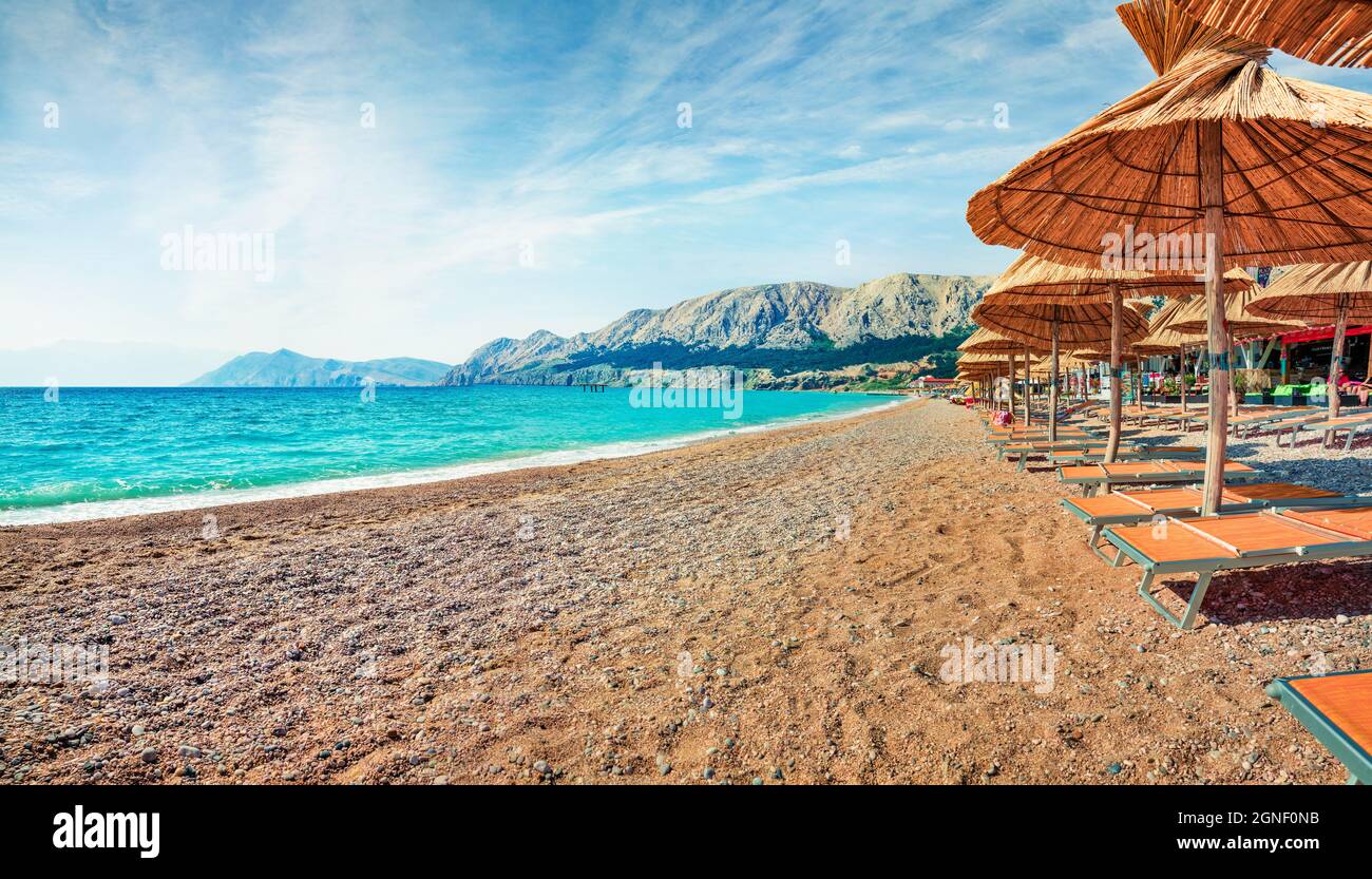 Colorful morning view of Bashka Beach in Baska town. Amazing summer ...