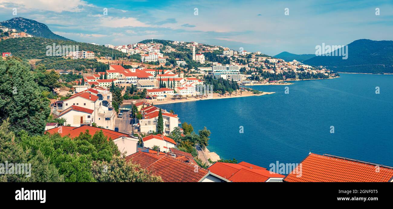 Sunny morning cityscape of Neum city. Colorful summer seascape of ...