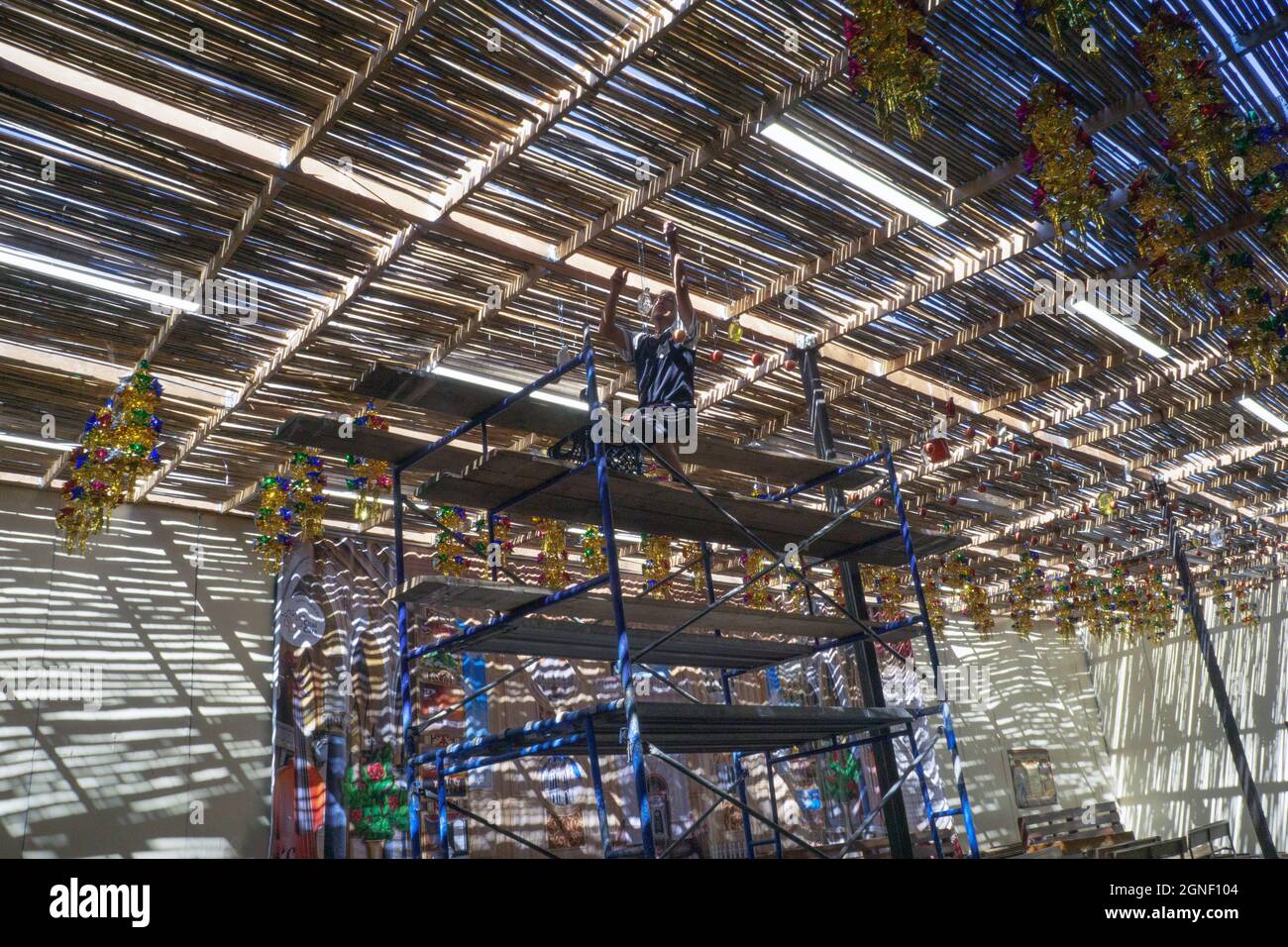 Inside a Sukkah being built outside the main synagogue of the Bobov ...