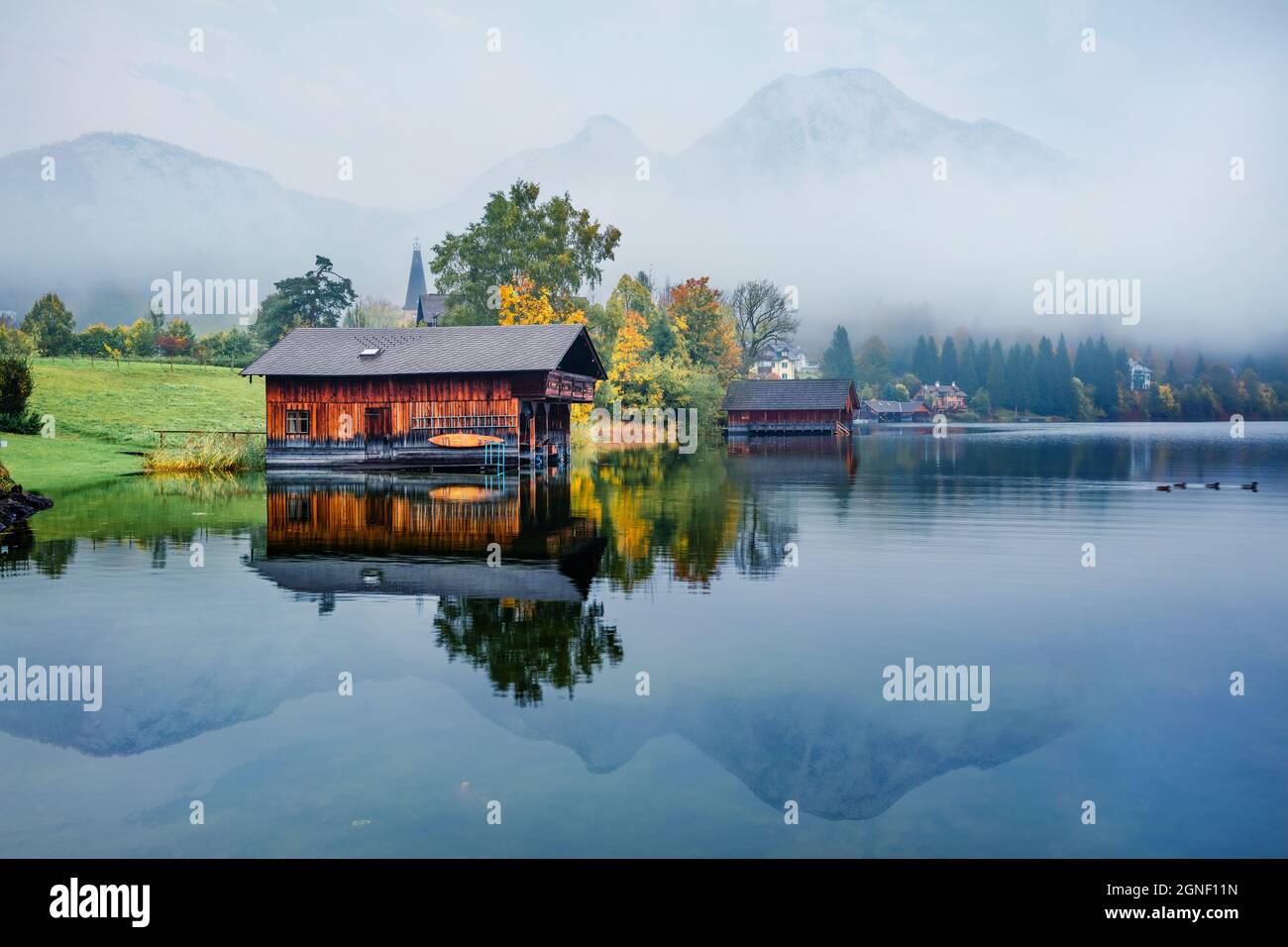 Foggy autumn scene of Altaussee town, district of Liezen in Styria ...