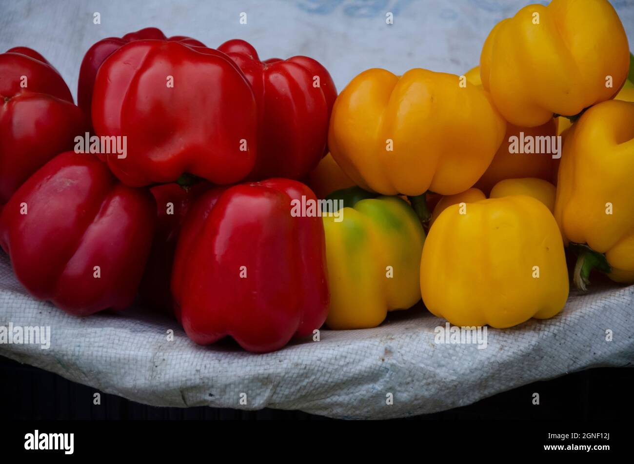 Red and yellow capsicum in the white basket Stock Photo - Alamy