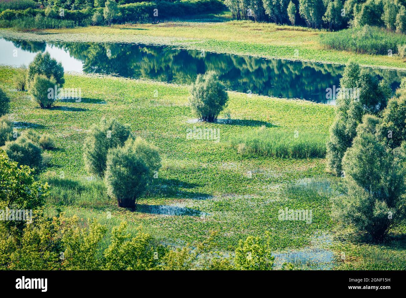 Aerial view of Canyon of Rijeka Crnojevica river, Skadar lake lacation. Colorful summer scene of ...
