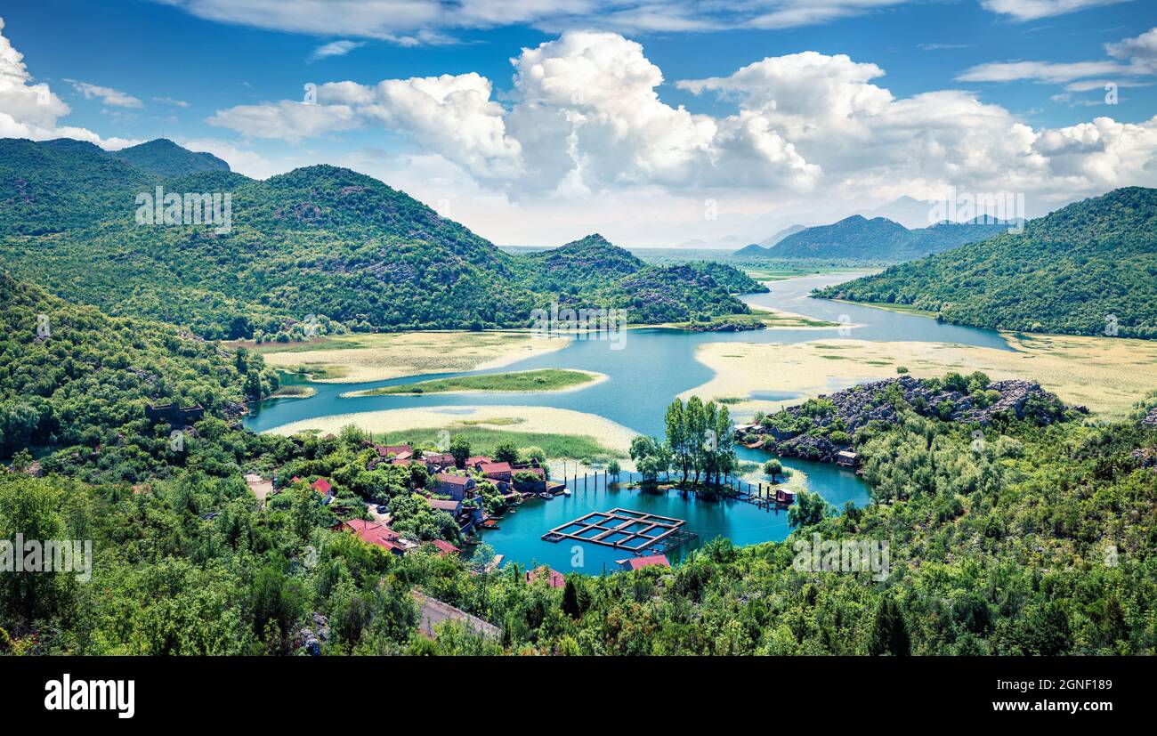Panoramic view of Rijeka Crnojevica river, Skadar lake location. Amazing summer scene of Karuc ...