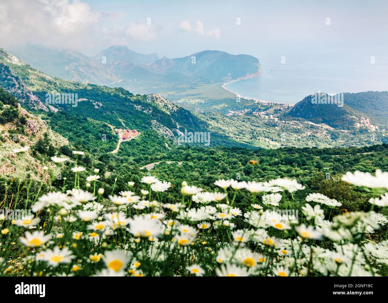 Attractive morning seascape of Adriatic sea with Petrovac town on ...