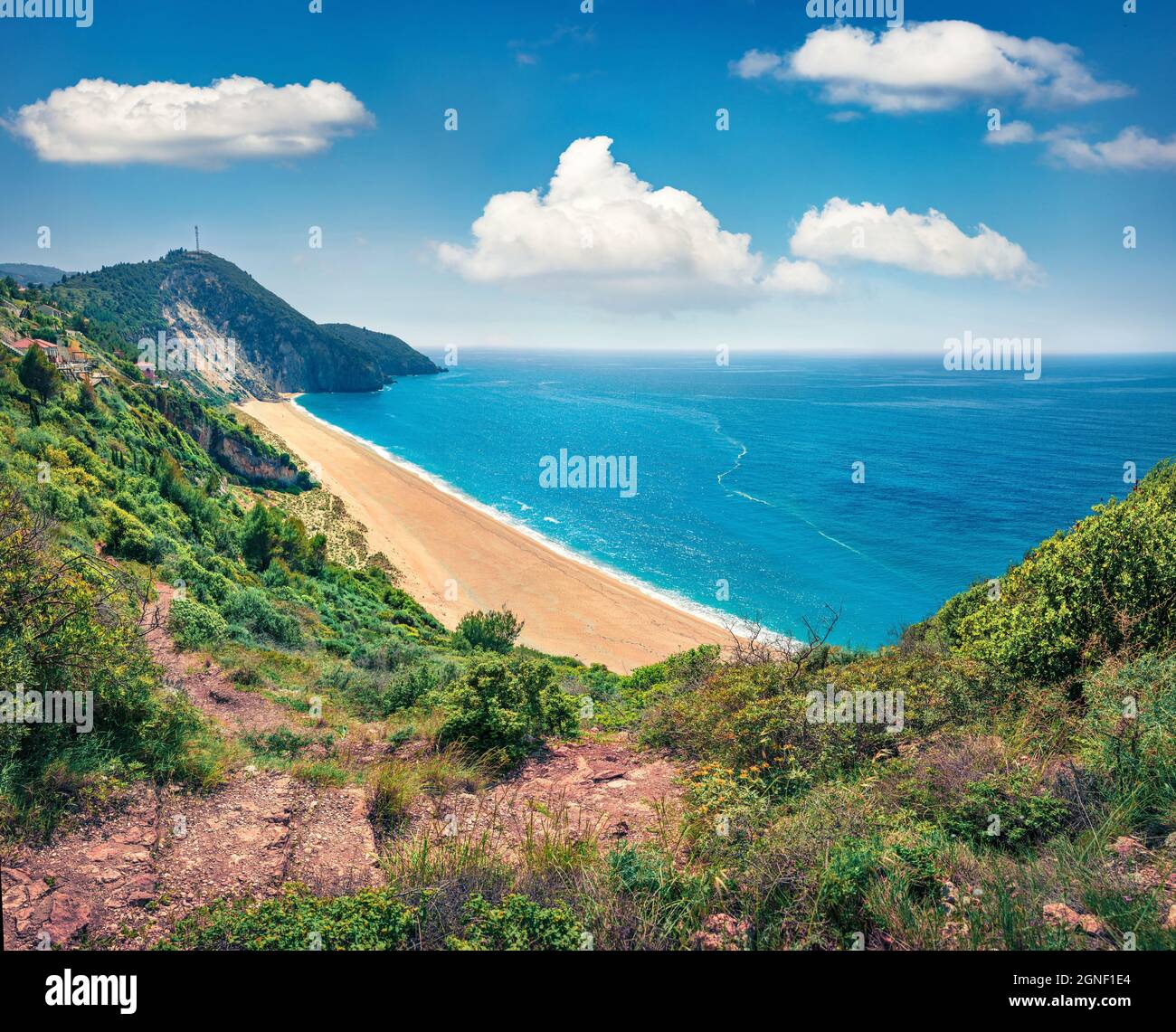 Aerial spring view of Milos Beach. Splendid morning seascape of Ionian ...