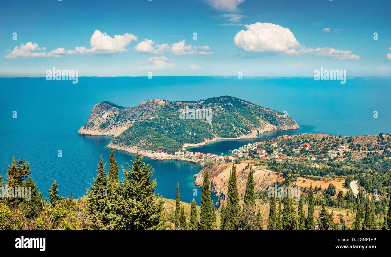 Aerial view of the Asos town from the Venetian Castle Ruins. Sunny ...