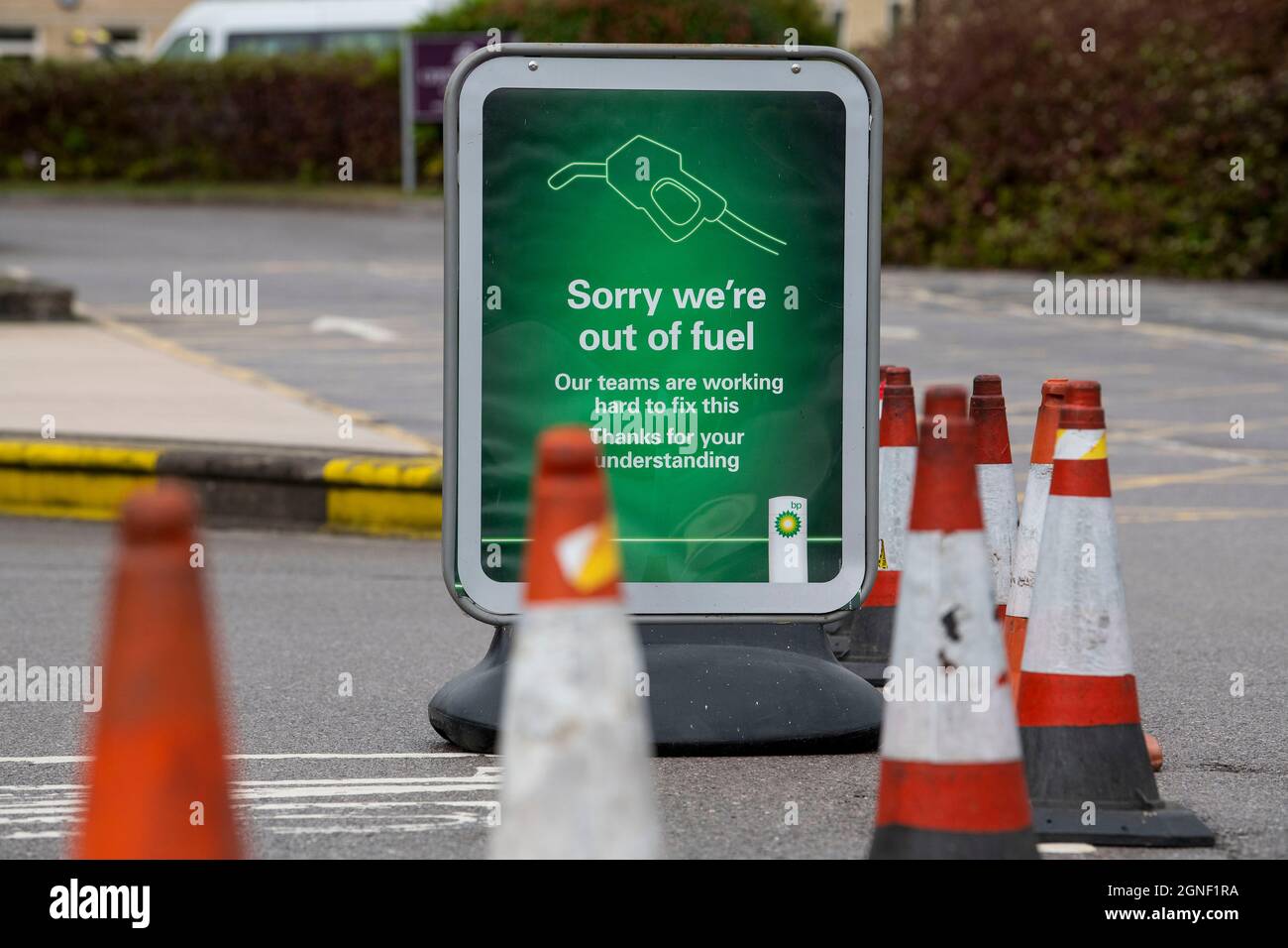 Signs at a BP petrol station in Chippenham, Wiltshire which has run out ...