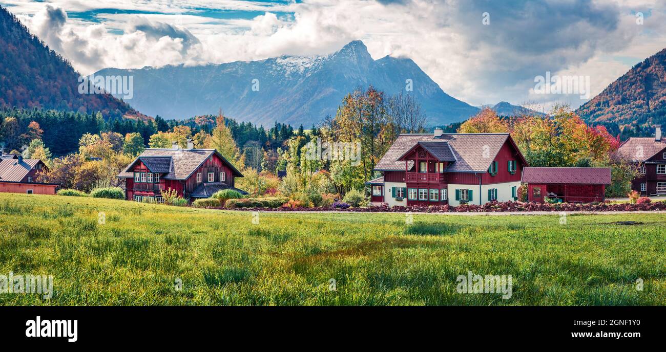 Picturesque autumn panorama of Brauhof village. Amazing morning scene ...