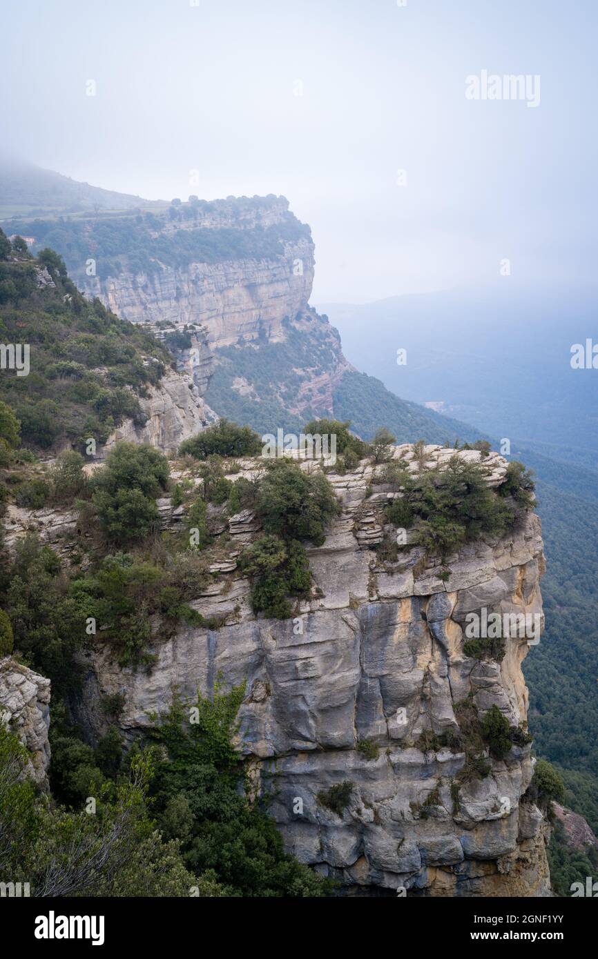 Gray rock cliffs with yellow spots of tavertet with haze in the ...