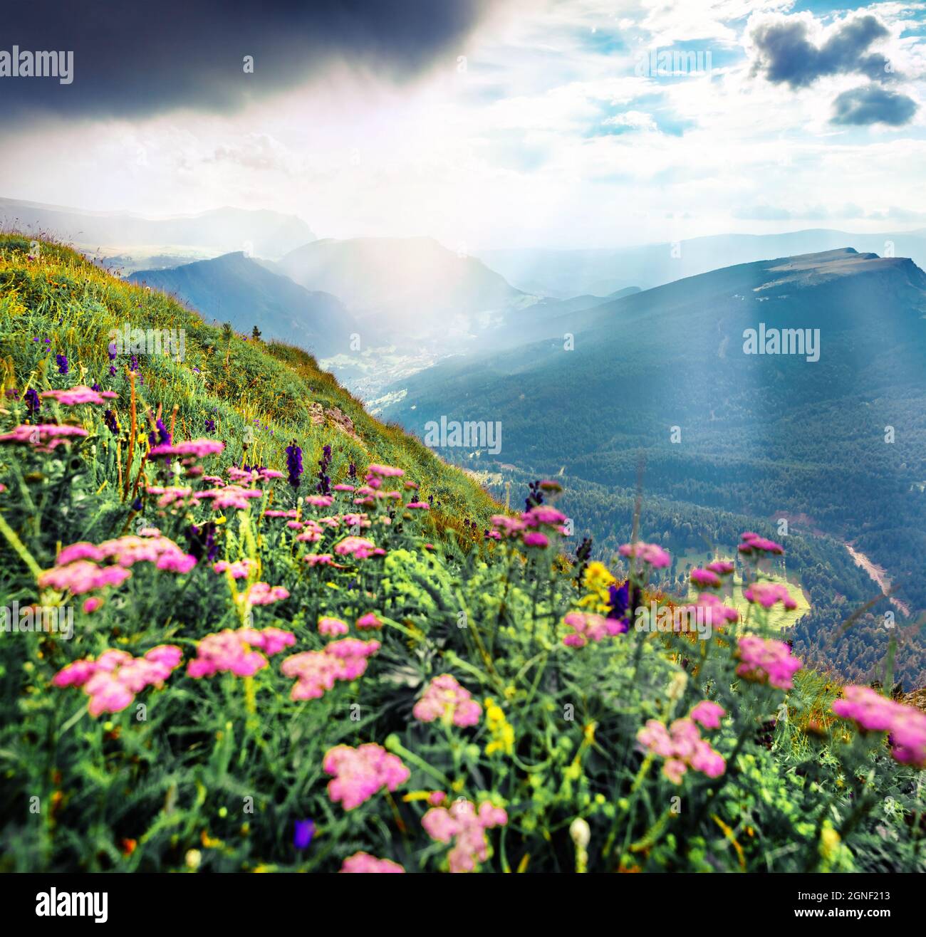 Fantastic summer view of Ortisei village. Picturesque morning scene of ...