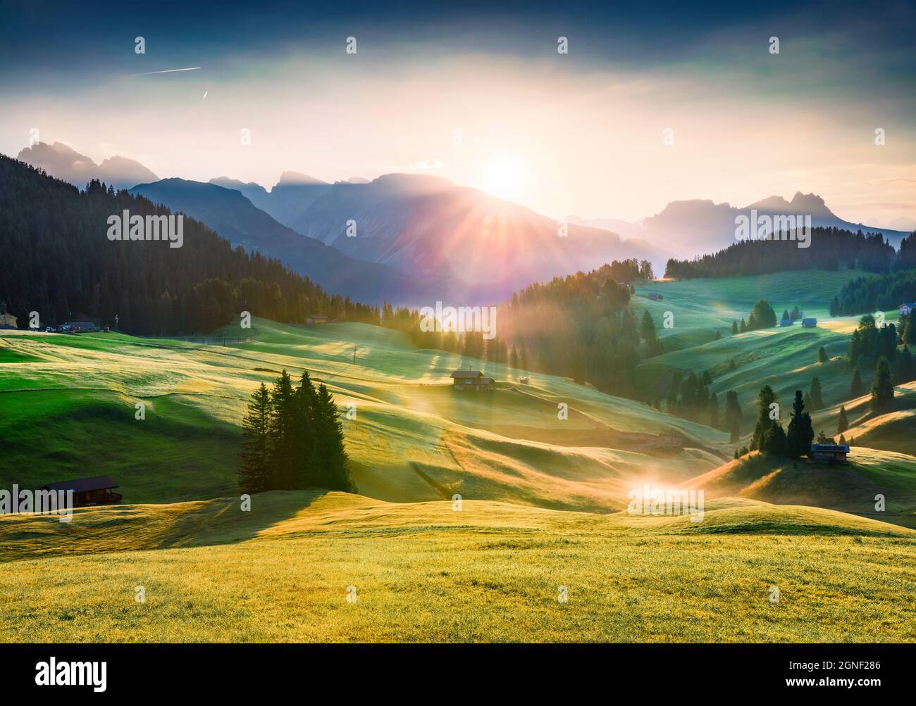Attractive morning scene of Compaccio village, Seiser Alm or Alpe di ...