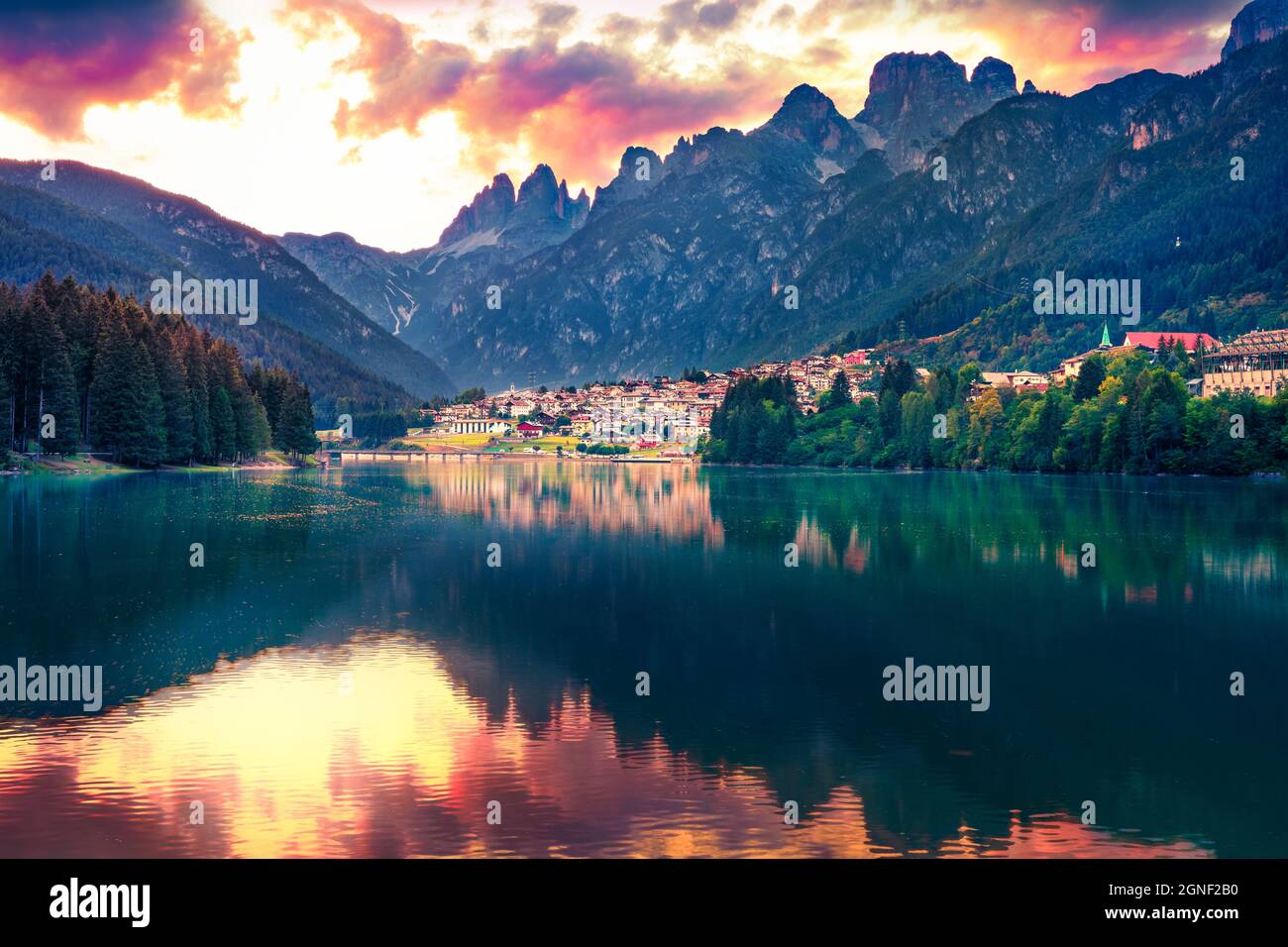Dramatic sunset scene of Santa Caterina lake. Impressive summer view of ...