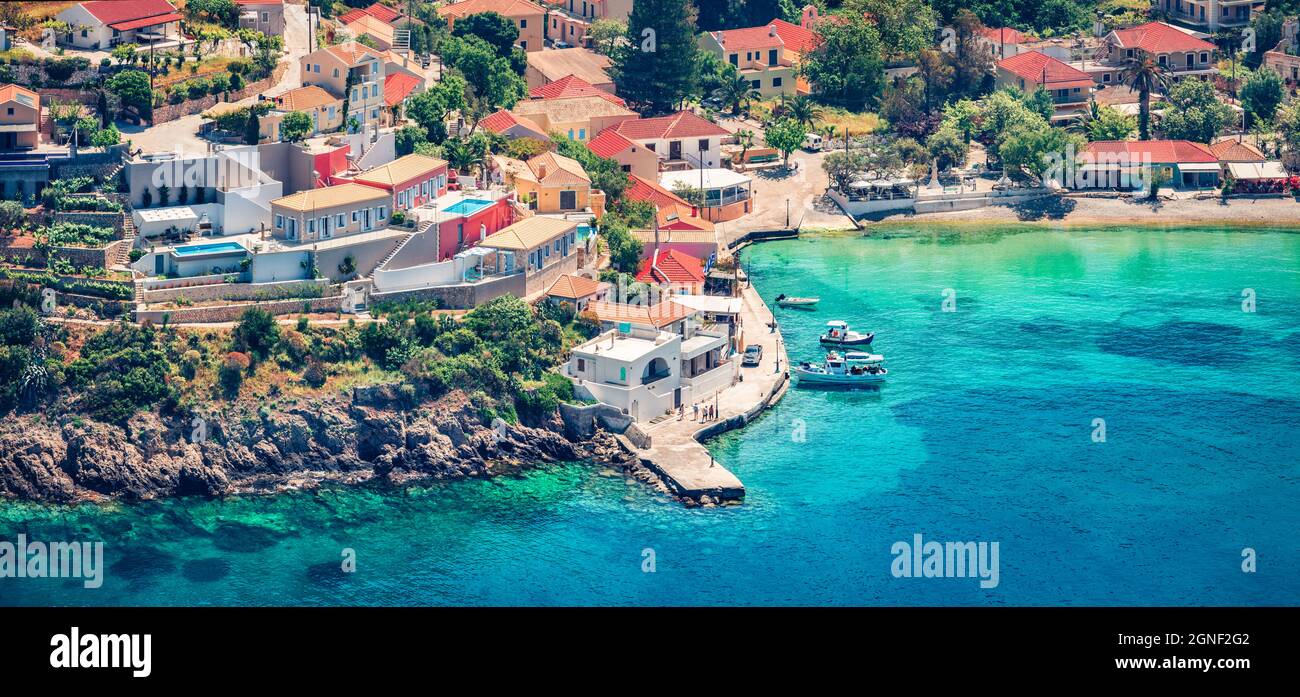 Aerial view of the Asos village from the Venetian Castle Ruins ...
