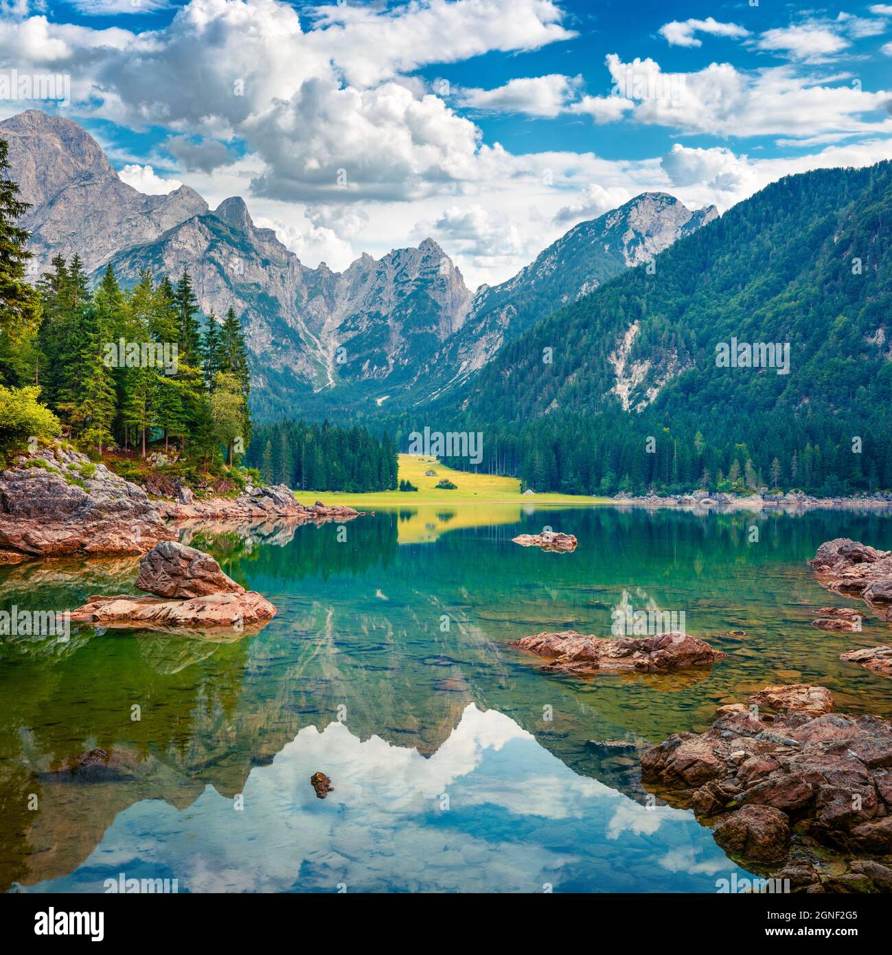 Picturesque summer view of Fusine lake. Splendid morning scene of ...