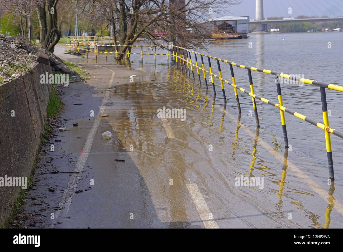 Flooded bike path along Sava river coast spring Stock Photo - Alamy