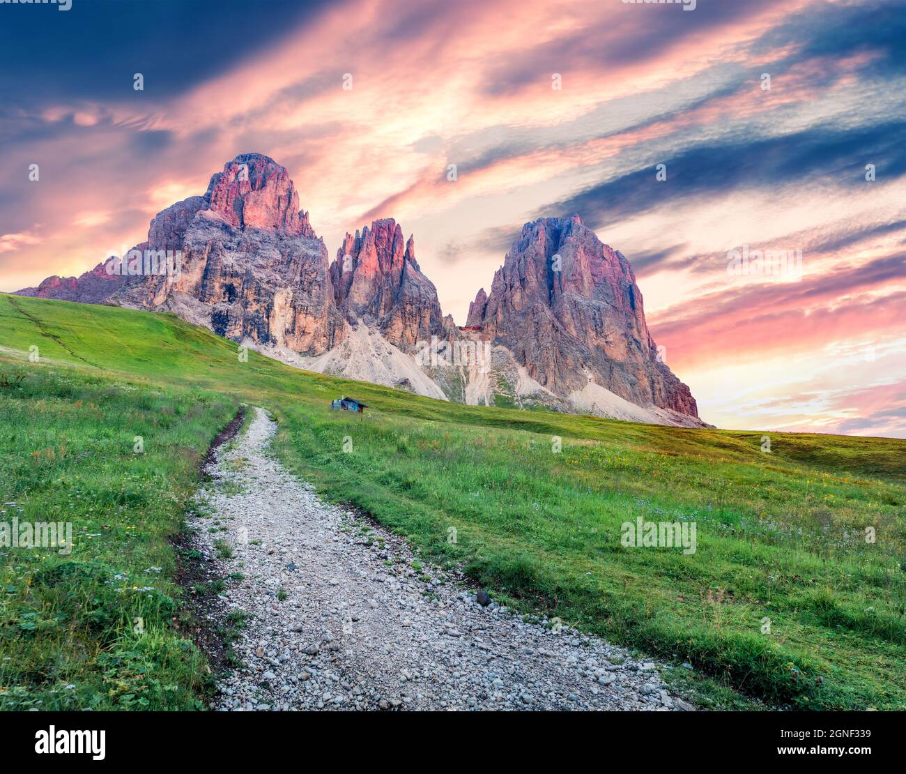 Colorful morning view from Sella pass of Sassolungo and Sella mountain ...