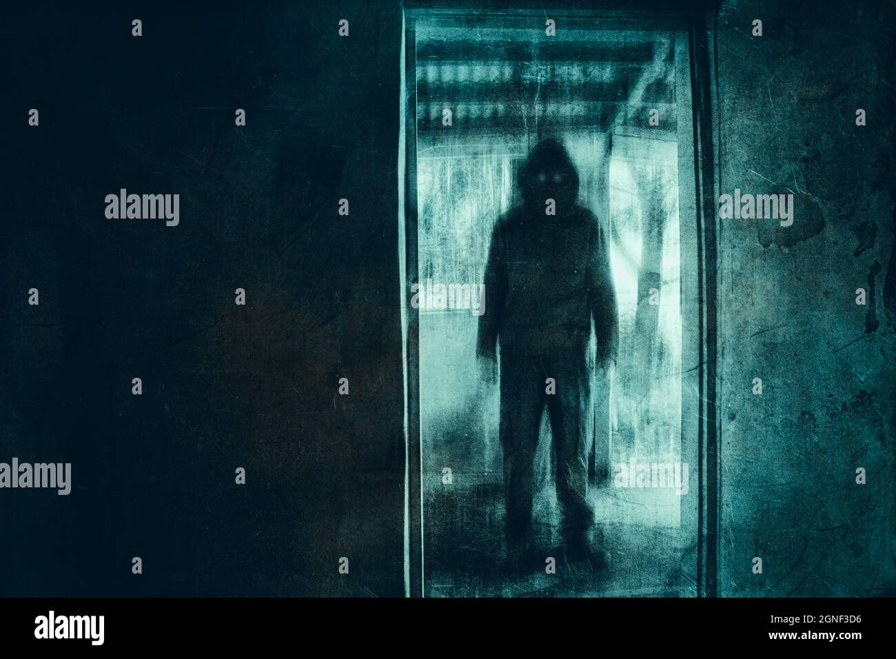 A dark scary concept. Of a mysterious demon figure, with glowing eyes ...