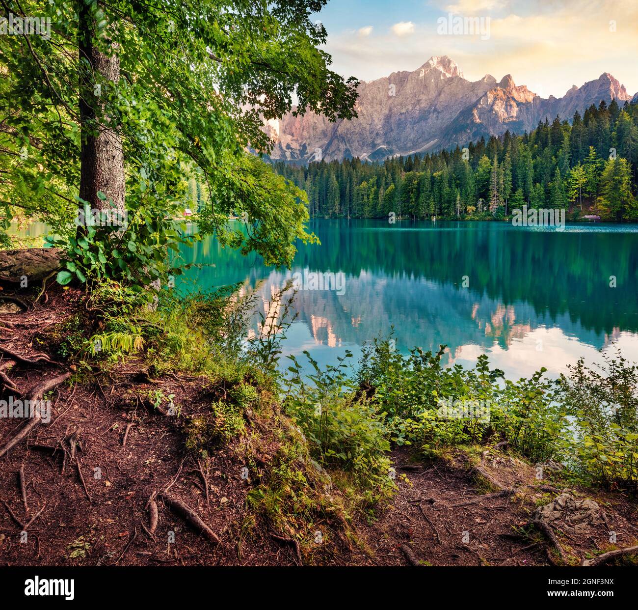 Sunny morning view of Fusine lake. Colorful summer sunrise in Julian ...