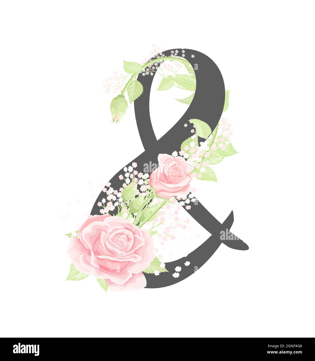 Vector floral alphabet glyph and with pink cream rose flowers and green ...