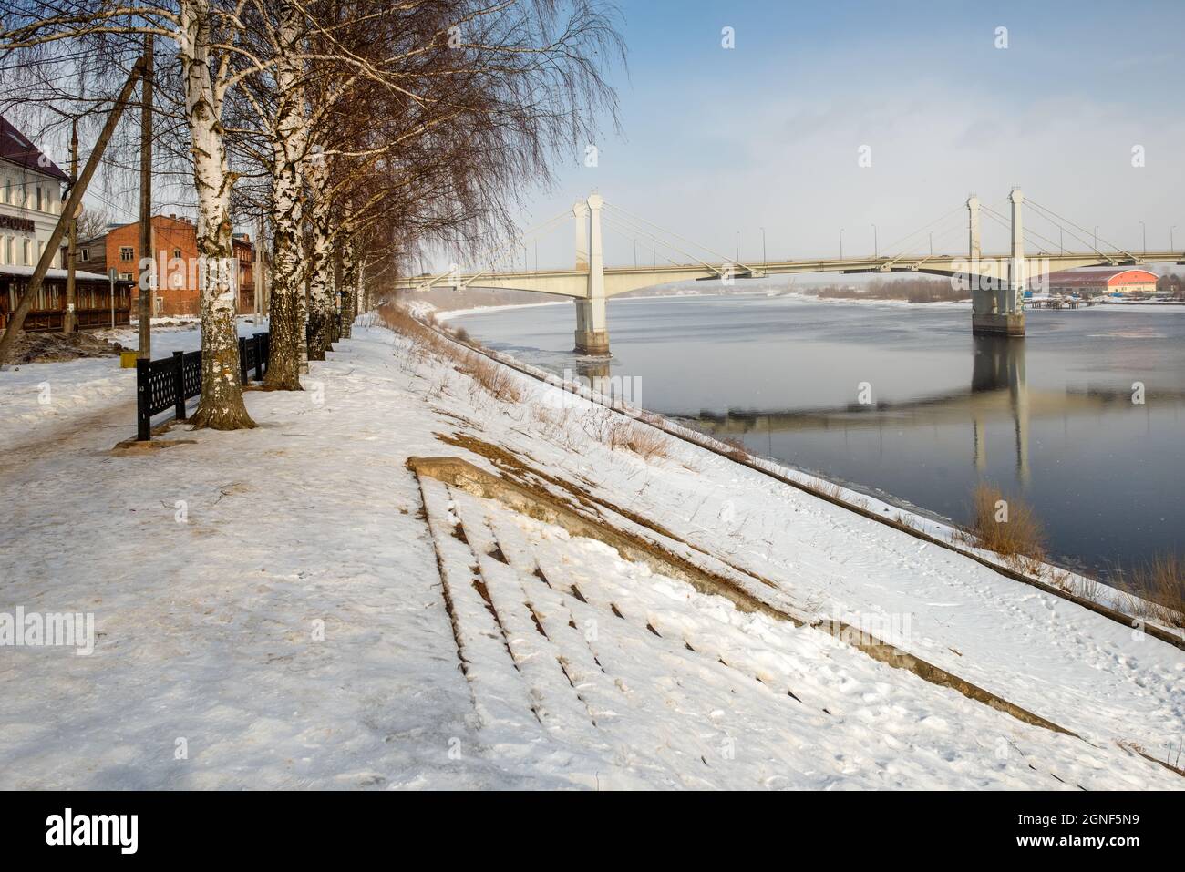 Savelovsky bridge over Volga River in Kimry town, Tver oblast, Russia. View from the Fadeev ...
