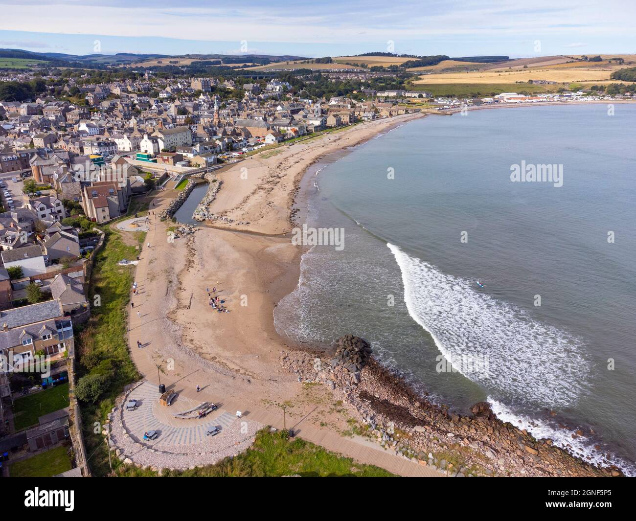 Aerial view from drone of seafront beach at Stonehaven in Aberdeenshire ...