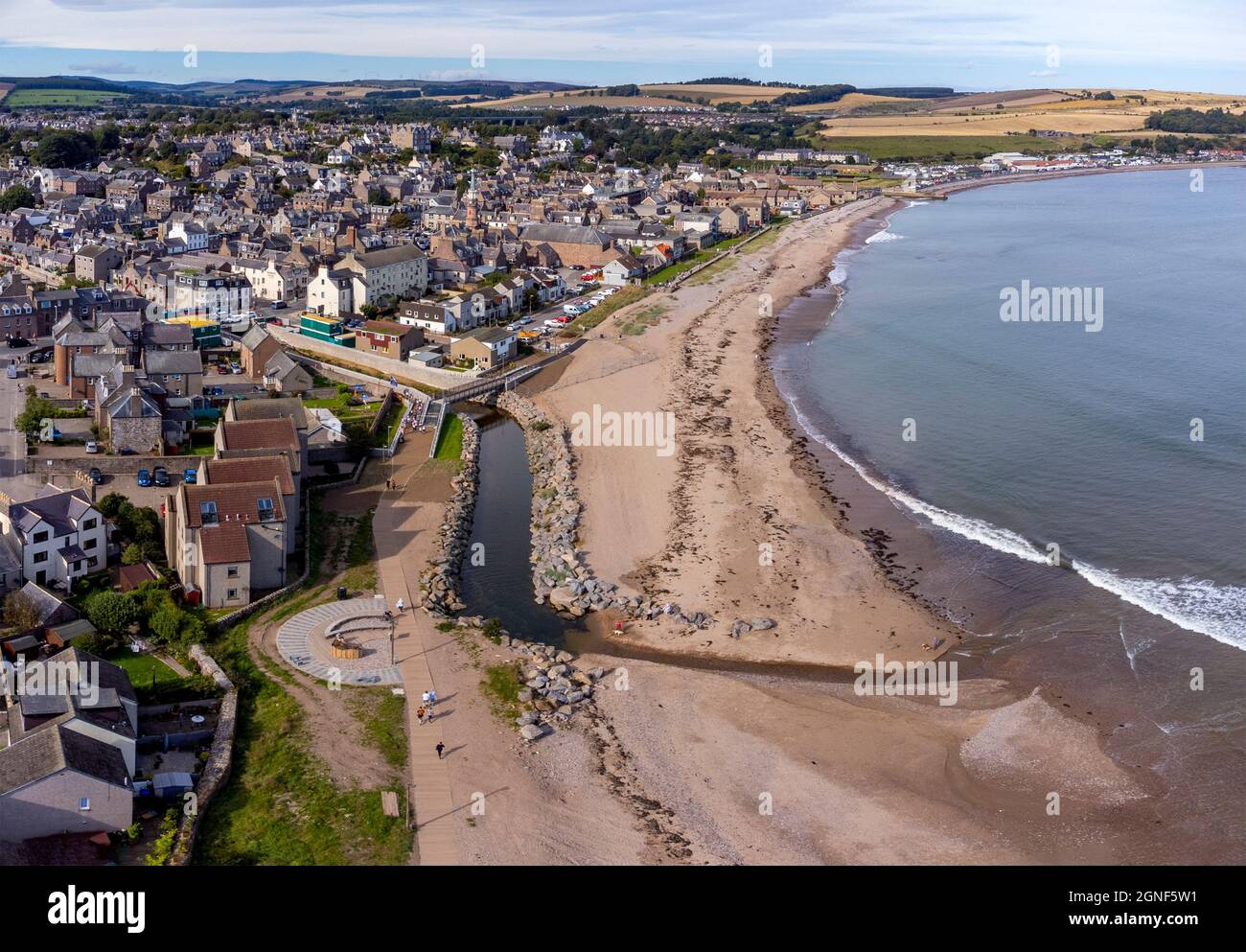 Aerial view from drone of seafront beach at Stonehaven in Aberdeenshire ...
