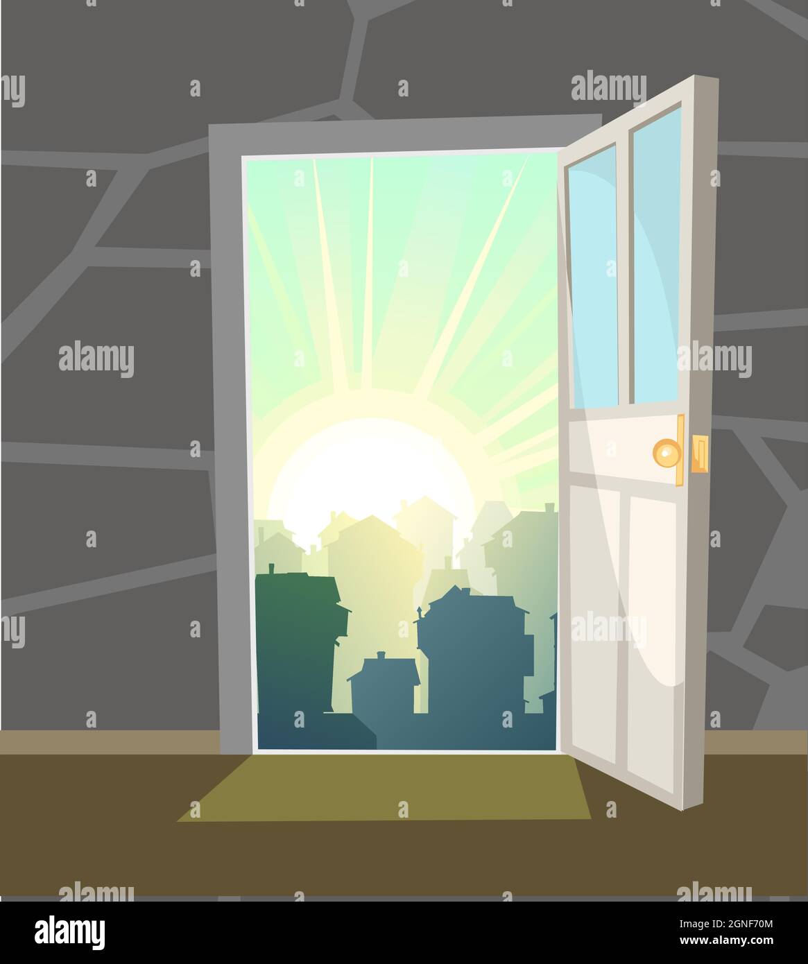 Opened door. From inside of room at home. Summer town landscape view ...