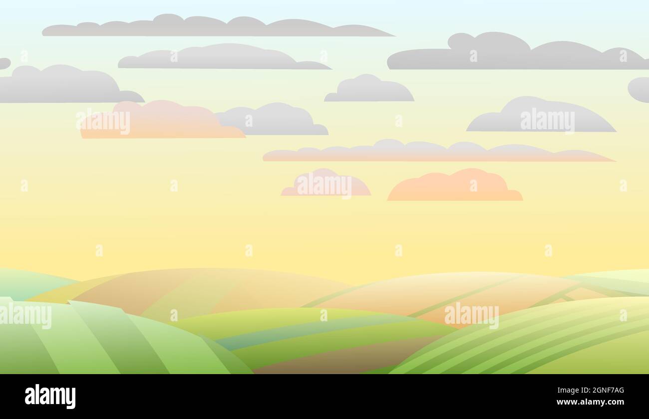 Rural vegetables and grassy hills. Farm cute landscape. Morning sunrise ...