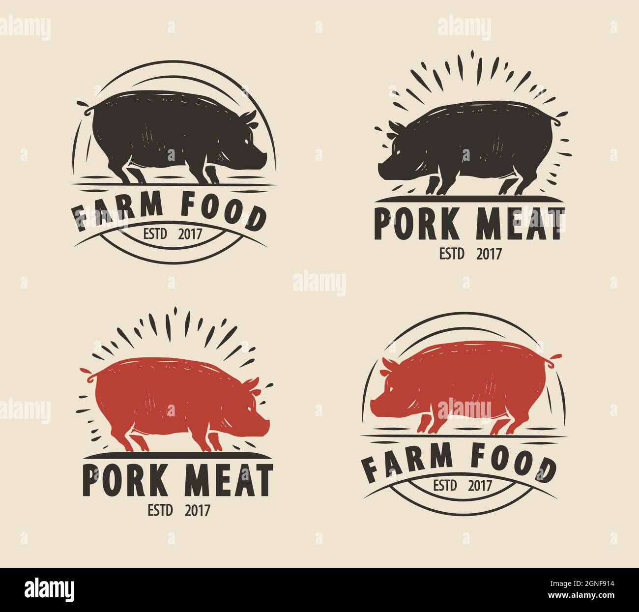 Set of pig meat emblem vintage vector illustration. Farm food concept ...