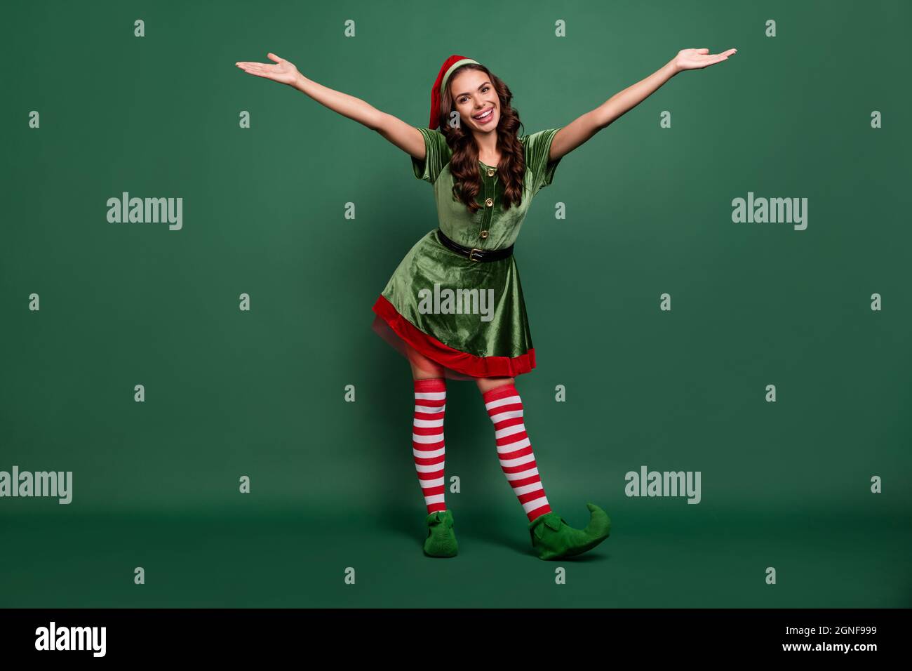 Full length body size view of attractive cheerful girl elf dancing ...