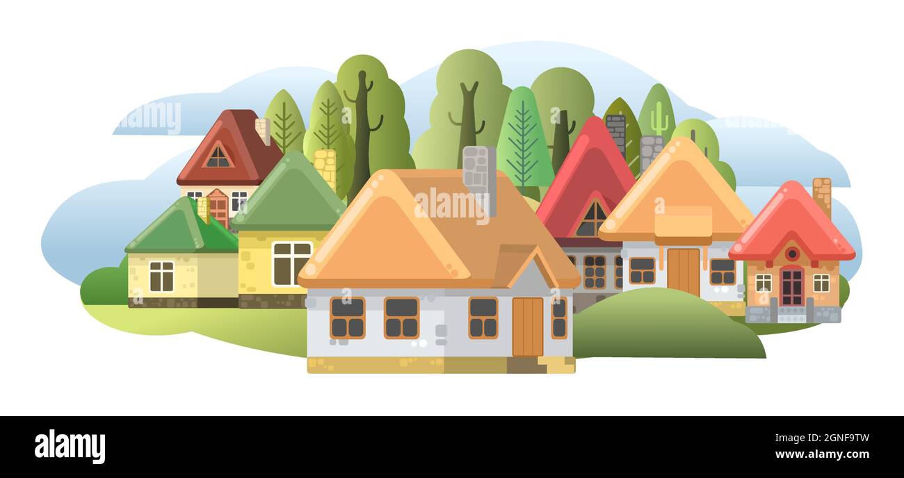Farm hut in the garden. Funny cartoon style. Country suburban village ...
