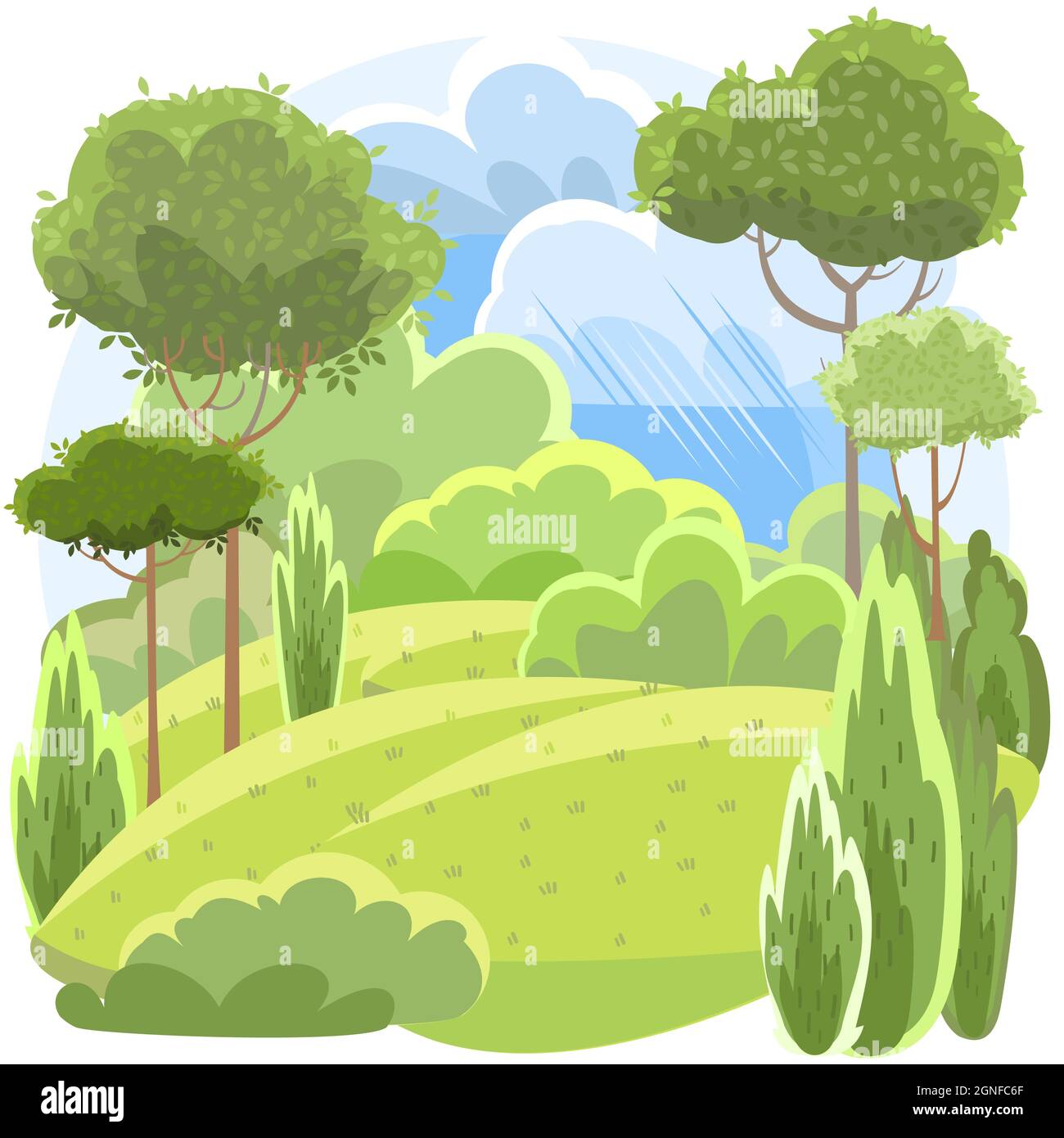 Amusing Beautiful Forest Landscape Summer Rain Cartoon Style Grass