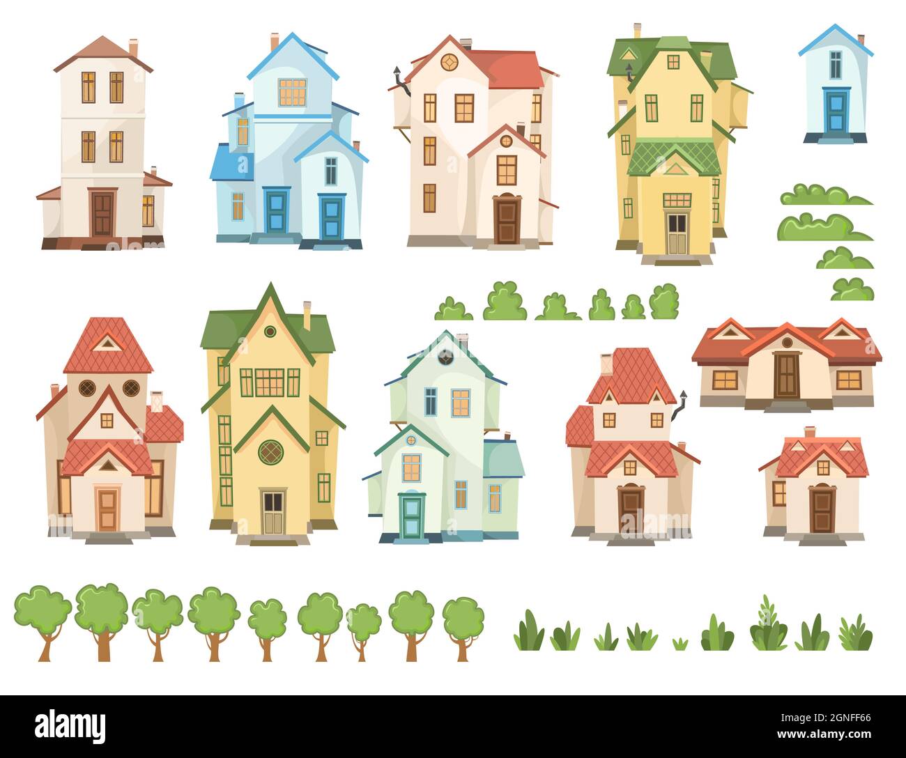 Cartoon house and trees. Set. A beautiful, cozy country house in a ...