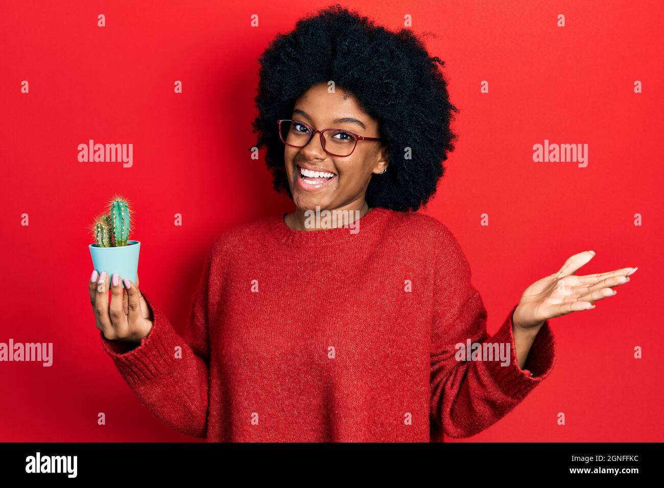 Young african american woman holding small cactus pot celebrating ...