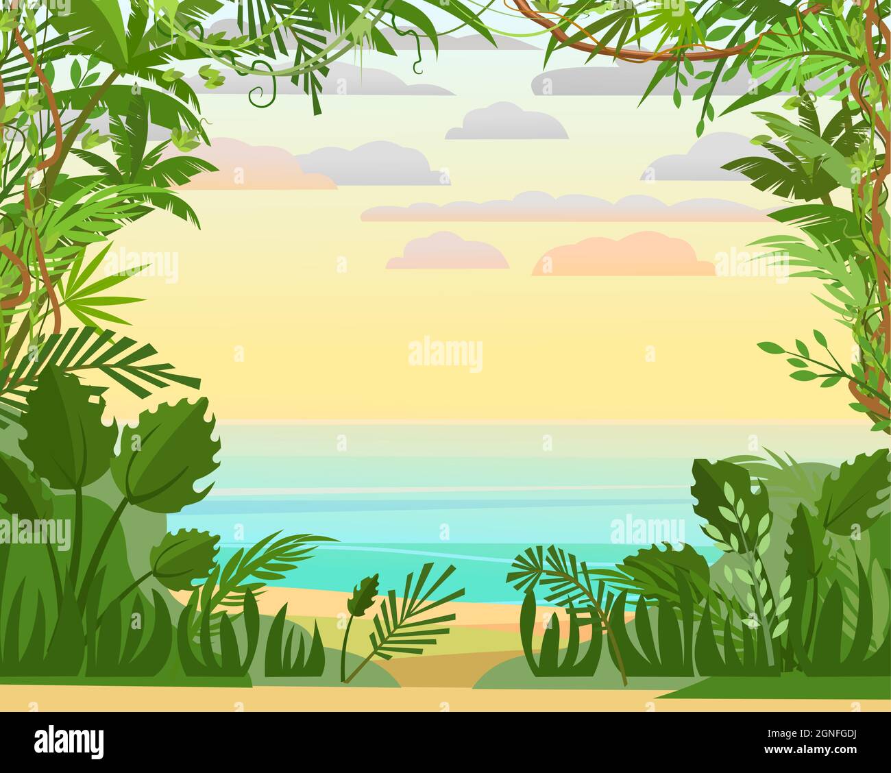 Pleasant tropical beach with palm trees. Sand and sea horizon. Cartoon ...